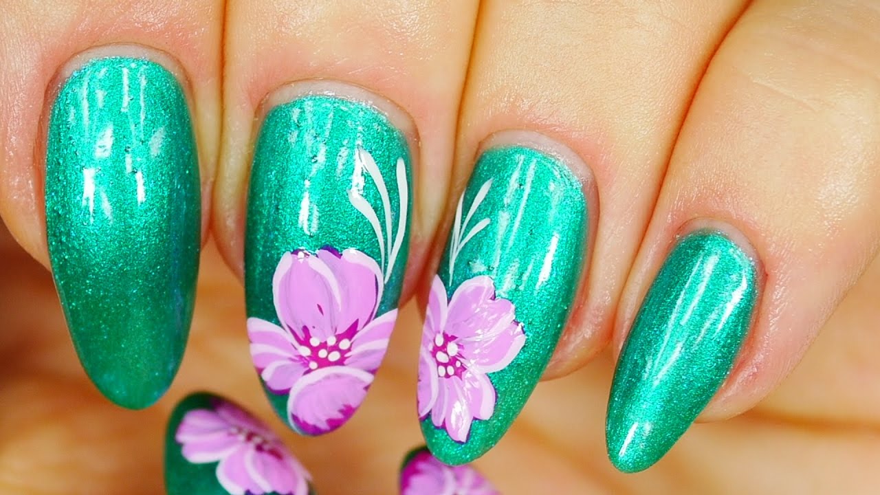 Nail Art. Green Design! Flowers! - YouTube