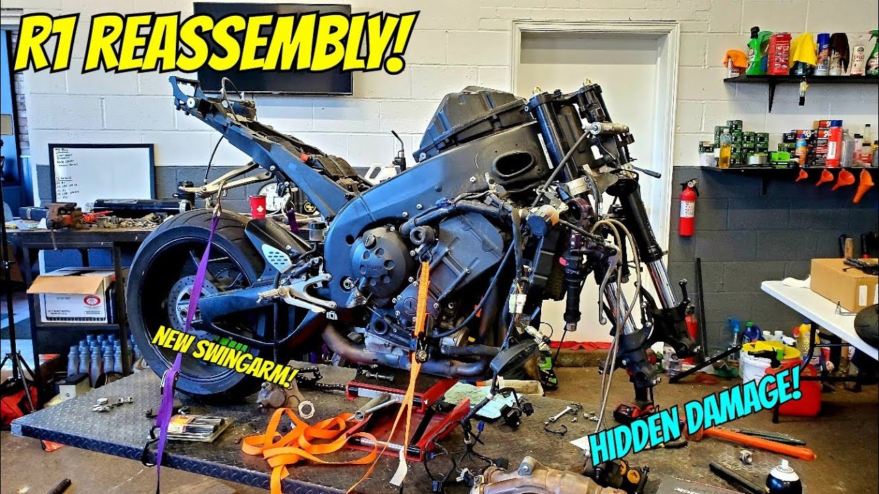 2004 R1 Wrecked Bike REBUILD (Pt. 3 New Swingarm, hidden wheel damage ...