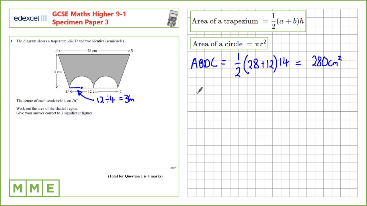 GCSE Maths EDEXCEL Higher Specimen Paper 3 Q1 Areas of circles and ...