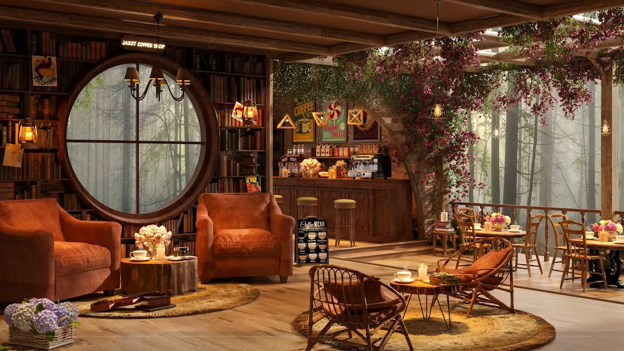 Rainy Day in the Forest | Cozy Coffee Shop with Smooth Piano Jazz Music ...