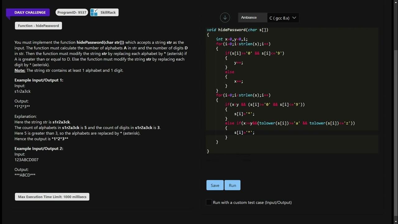 SKILLRACK | DAILY CHALLENGE || 29/11/2023 || FUNCTION - hidePassword || PROGRAM ID 9537 || - YouTube