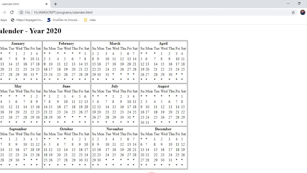 16-Full Calendar of input year using JavaScript - YouTube