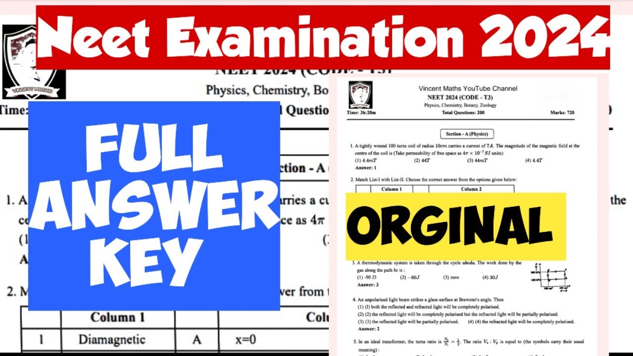 Neet 2024|NEET Examination Full orginal answer key|offical answer key ...