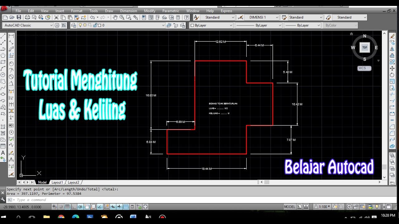 Tutorial menghitung luas dan keliling dengan Autocad - YouTube