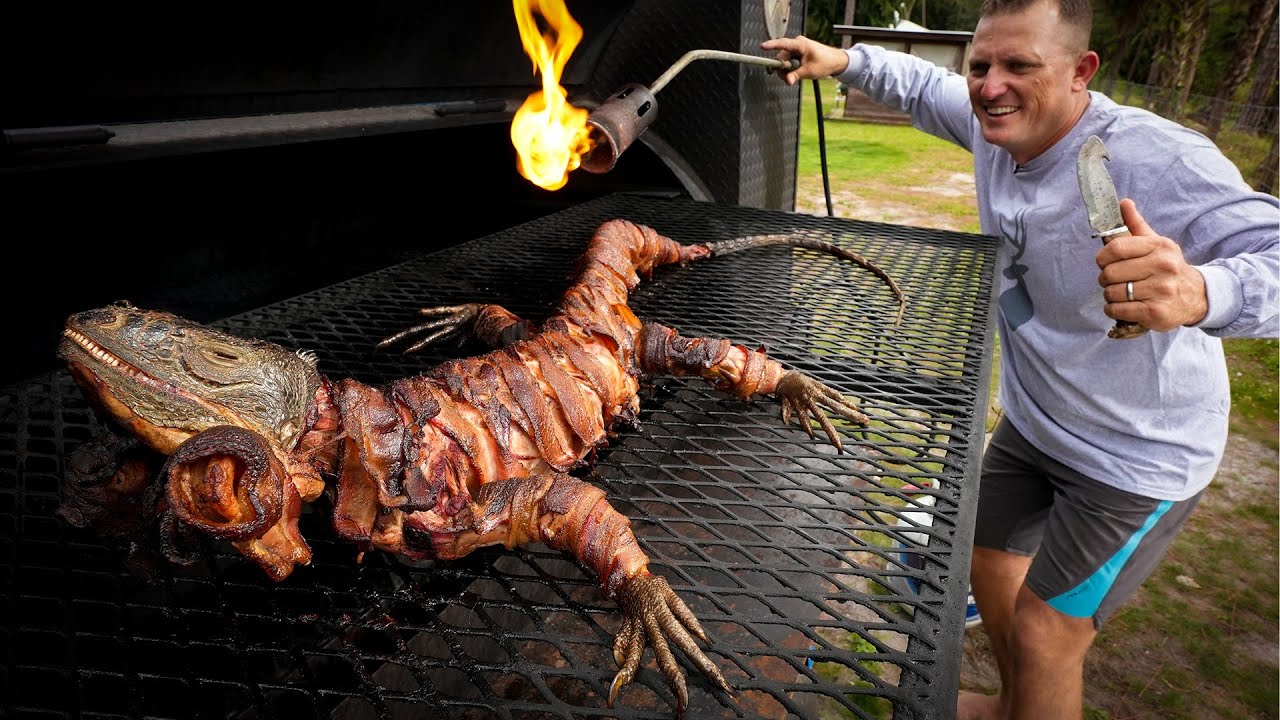 GIANT Iguana Cooked WHOLE Catch Clean Cook Bacon Wrapped Lizard
