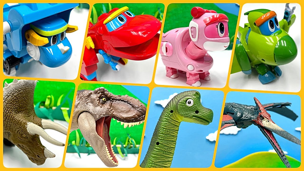 4 Dinosaurs In Car Garage | Dinosaur Transformer Dino Robots - YouTube