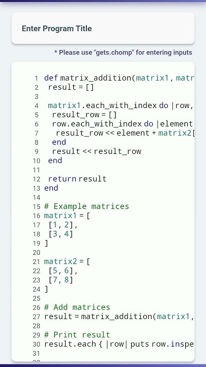 Addition of two matrix program in ruby programming 👍👍 #coding #shorts #shortvideo #viralshorts ...