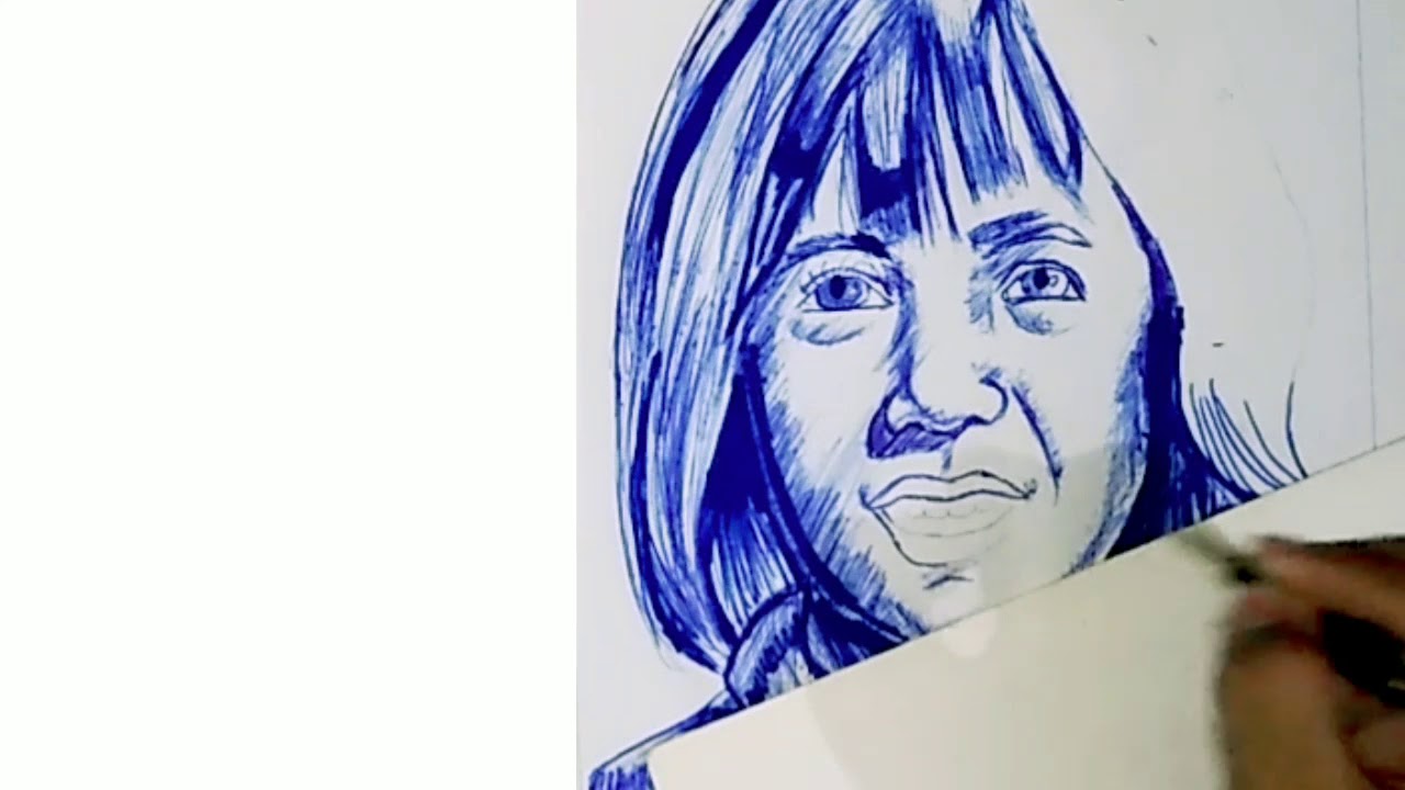 Drawing blue pen girl portrait ️/timelapse tutorial//by sketchbookk_2.0 ...