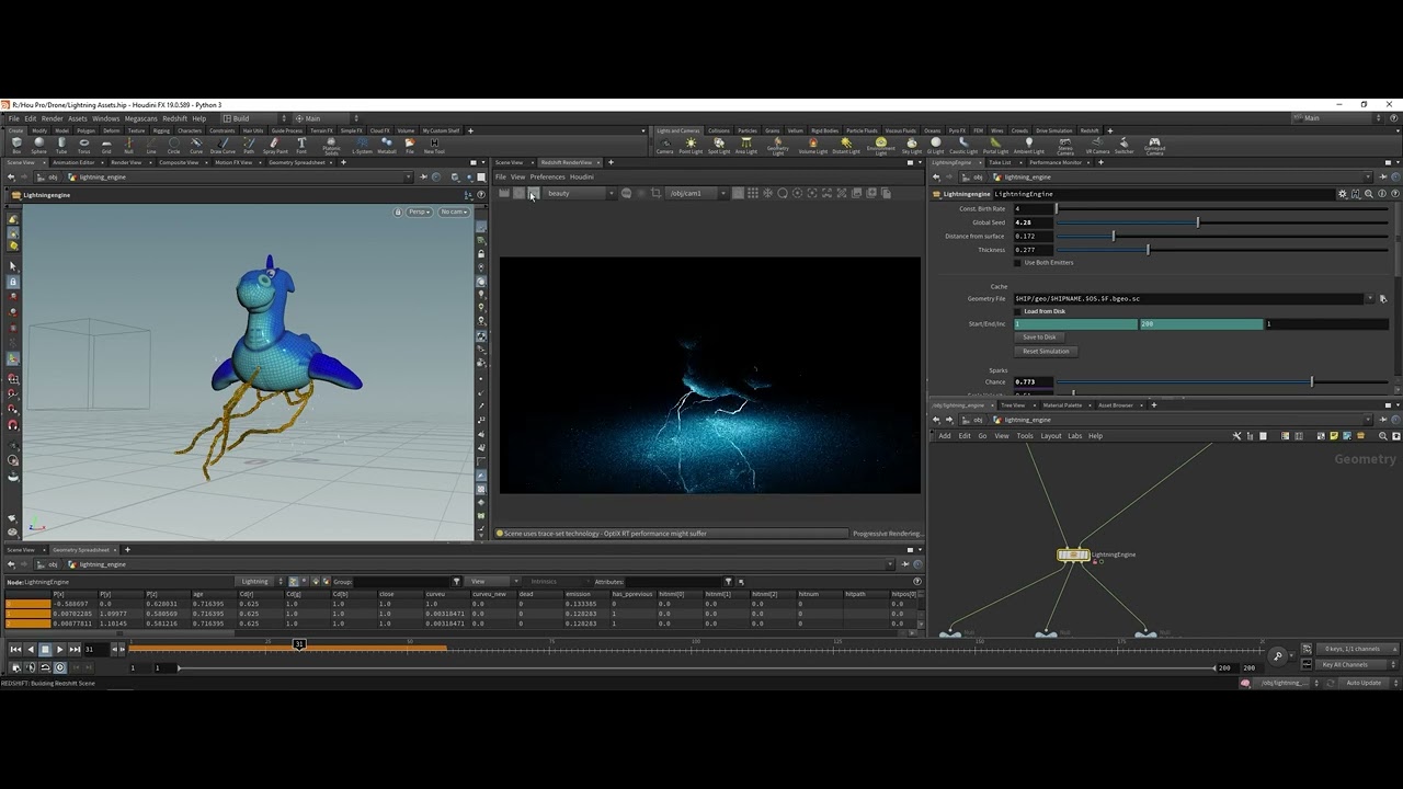 Lightning Thunderstorms On One Object And Between Objects Houdini 19 Hip File Redshift 3