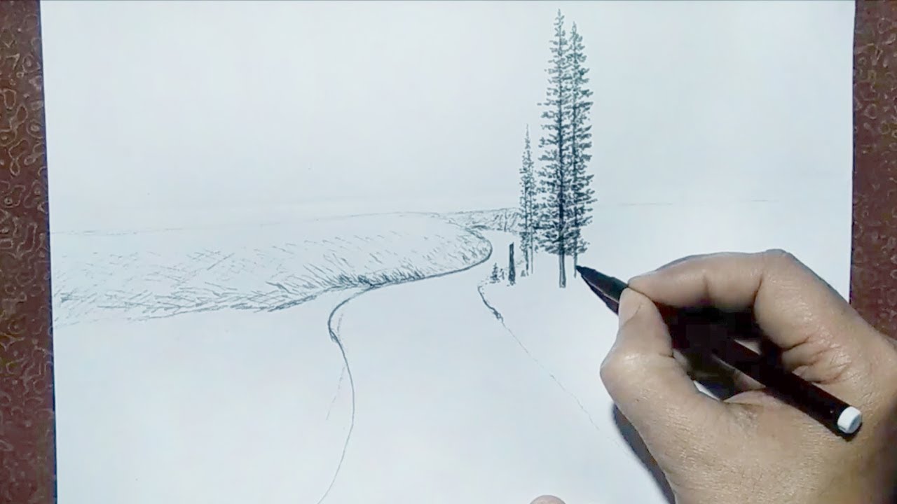 How to draw River with Pine forest - YouTube