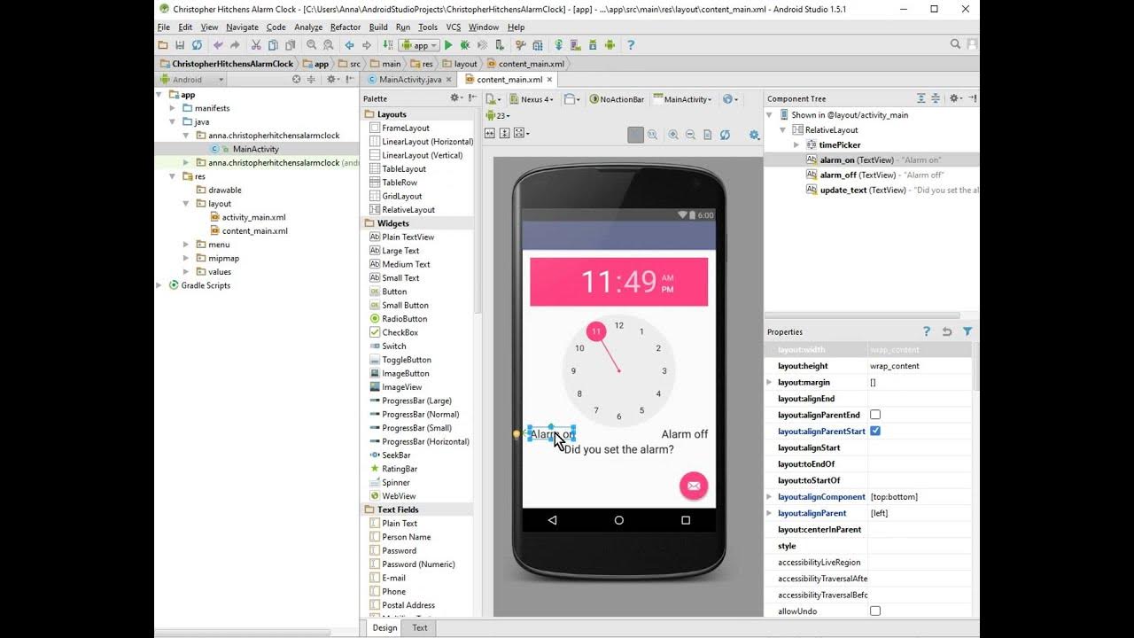 Android alarm clock tutorial: part 2, initializing UI - YouTube