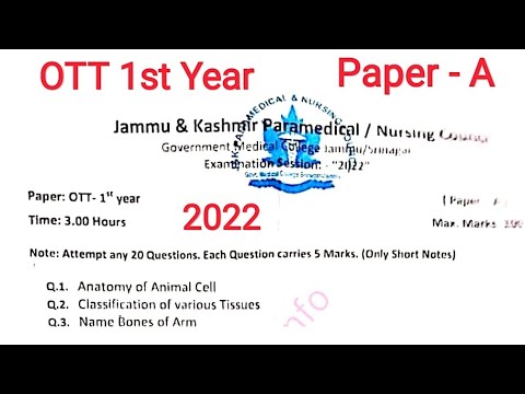 OTT Operation Theatre Tec Paper-A /1st year Question paper|| Jk ...