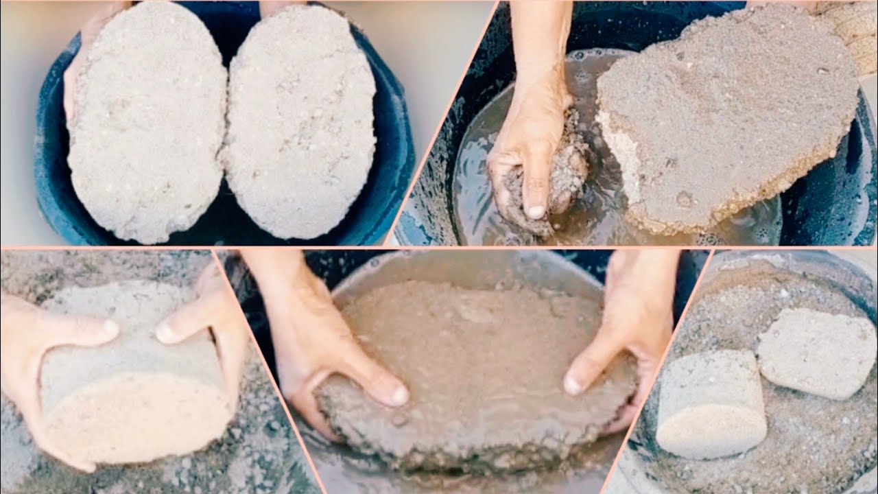 ASMR white milky concrete sand cement oval slabs crumbles in lots of ...