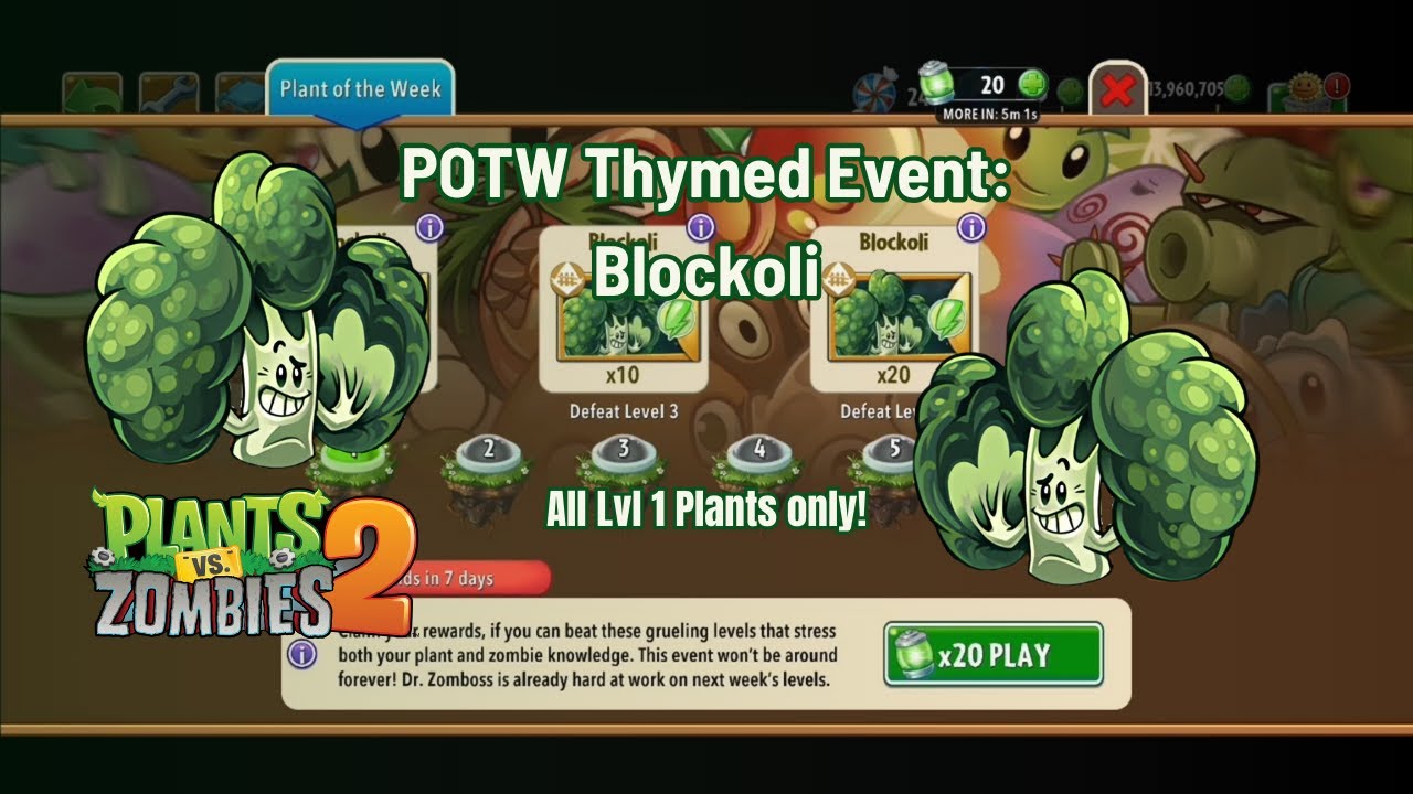 PvZ2 POTW Thymed Event: Blockoli | Lvl 1 Plants - YouTube