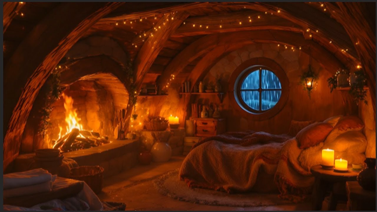 🏡 Hobbit Home at Night | Middle-earth Fireplace & Rain Ambience 🌙 - YouTube