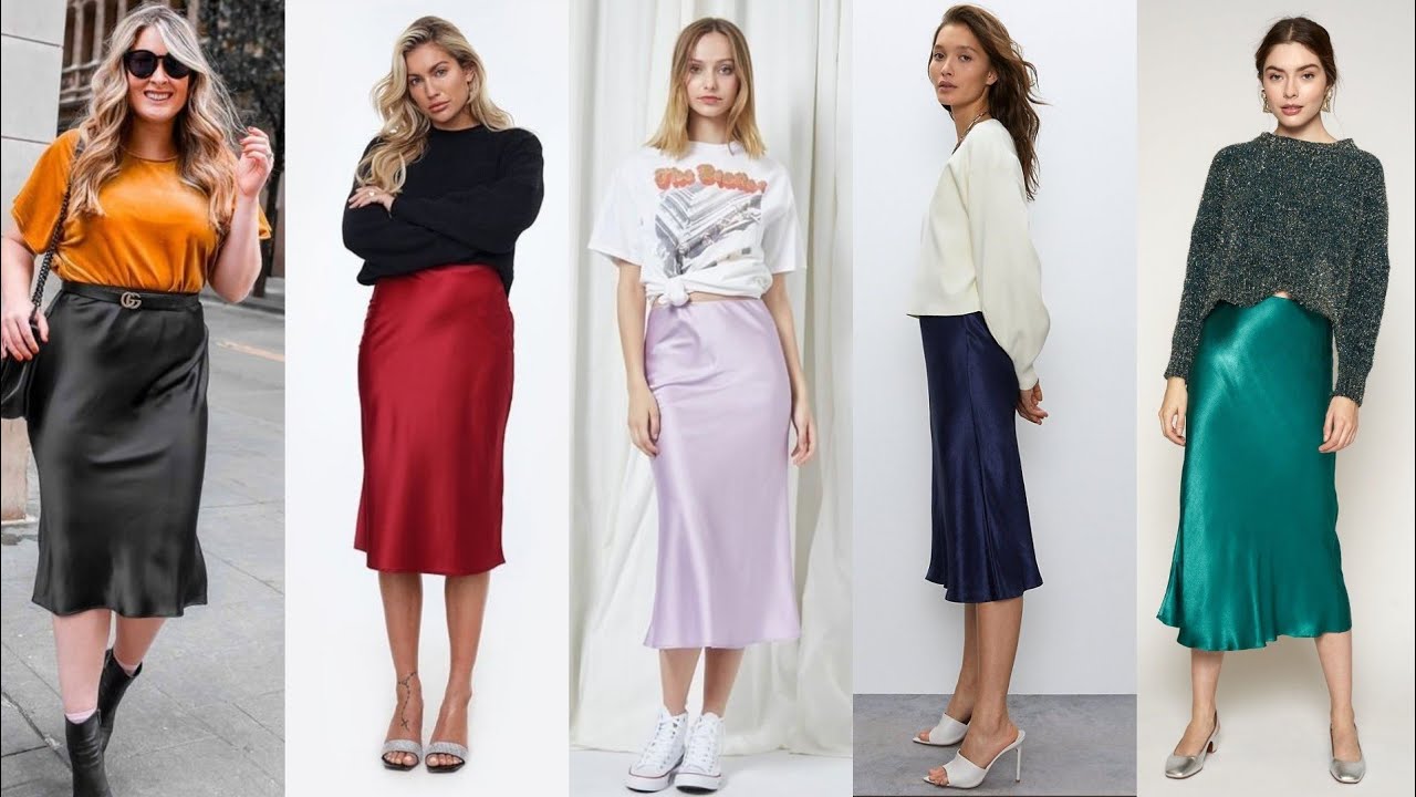 Glamorous Fashionista Ladies Wearing Soft And Slip Satin Silk Midi Skirts