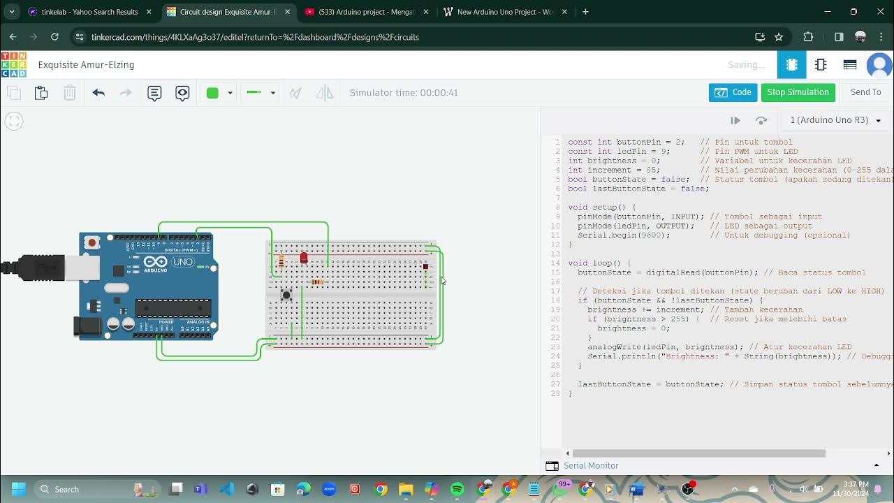 Pemrograman Arduino mengendalikan kecerahan LED dengan Pushbutton - YouTube