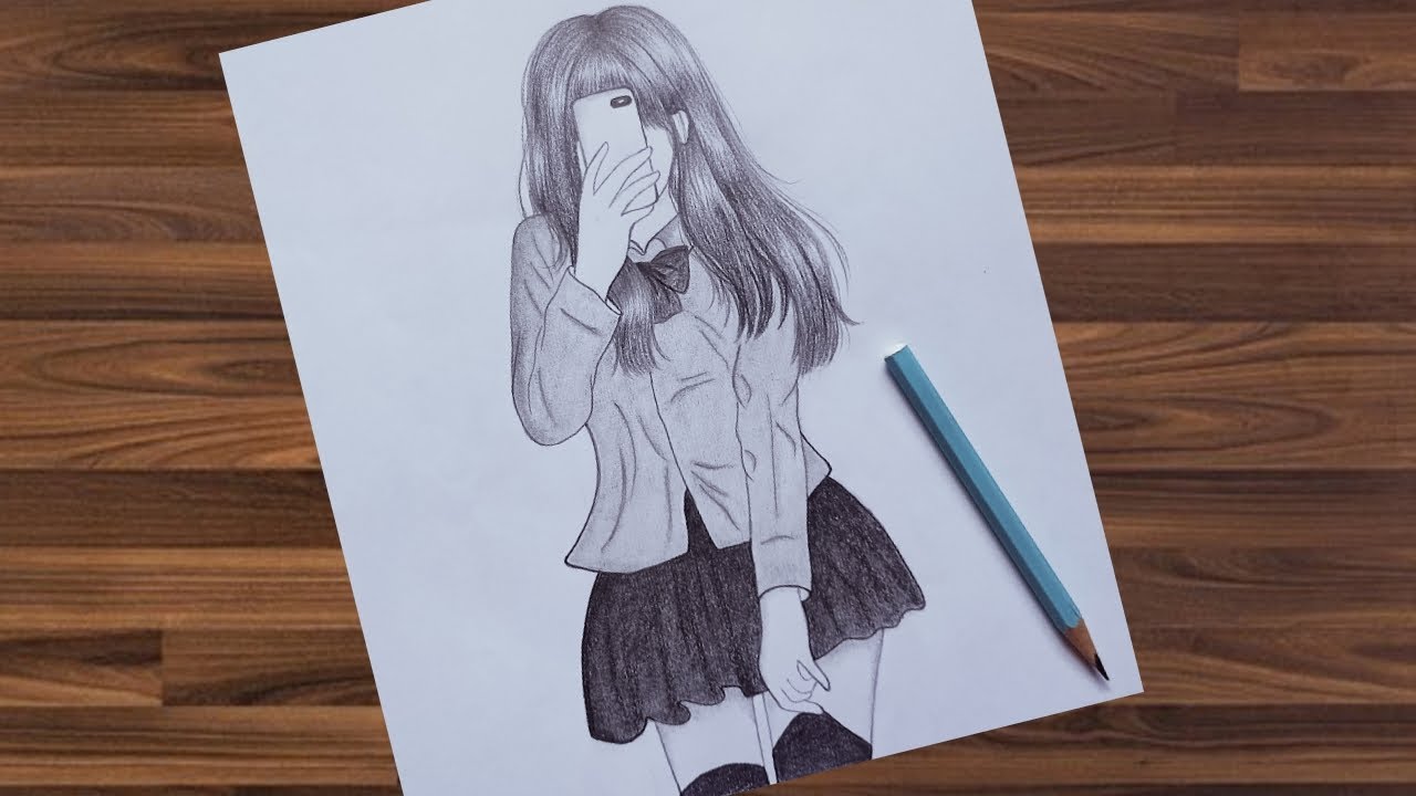 How to draw a girl taking salfie|| Easy girl drawing for beginners ...