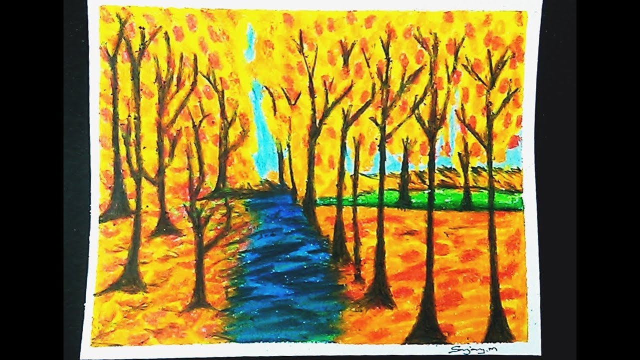 How to Draw Early Morning Trees at Forest Scenery Drawing using Oil ...