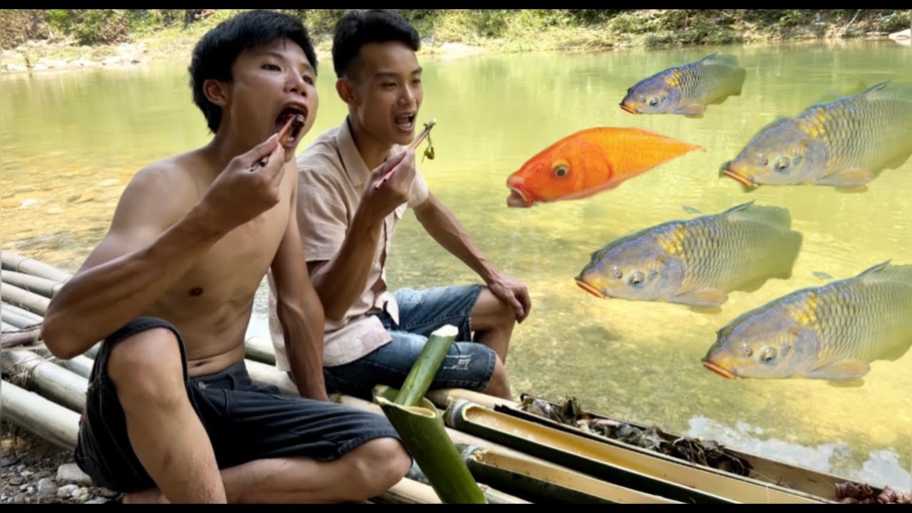 catching fish in the stream and the ending. giant fish. cooking - YouTube