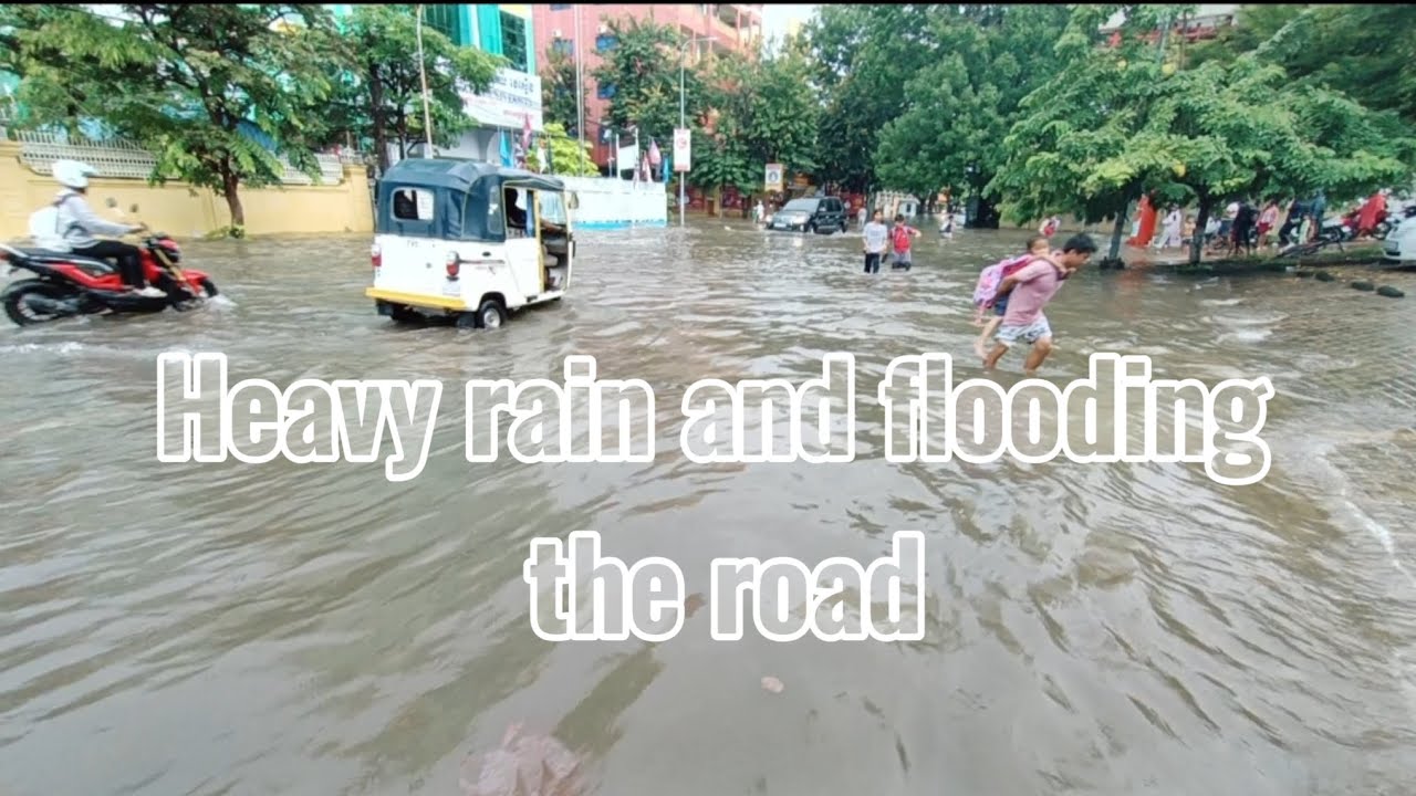 Heavy rain and flooding on road in Cambodia, |After big rain make big ...