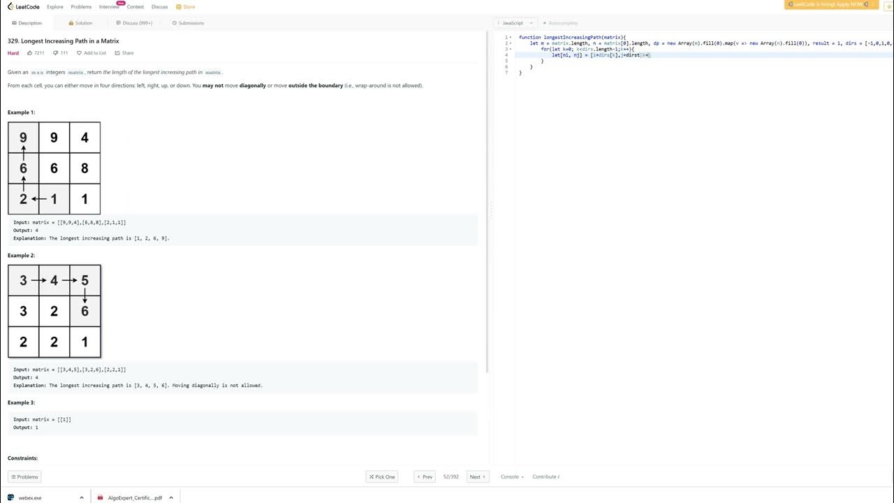 329. Longest Increasing Path in a Matrix - JavaScript - Faster Than 96. ...