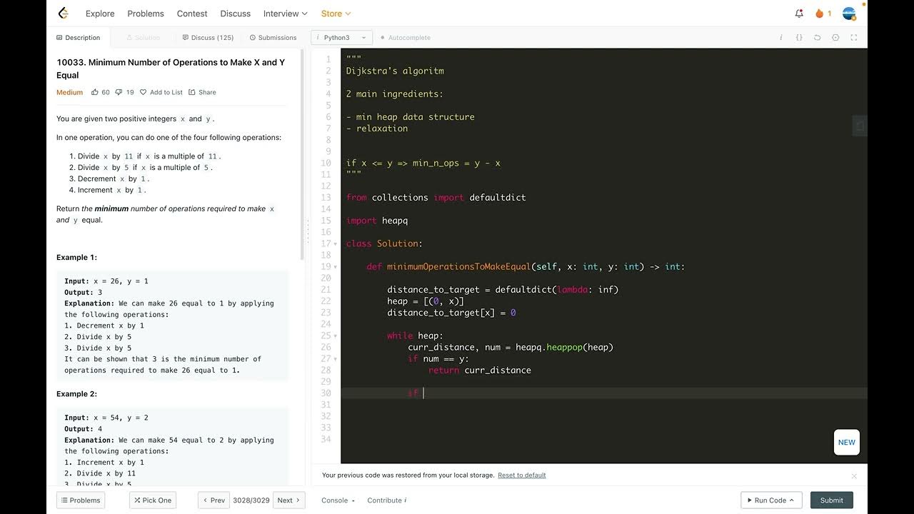 leetcode [Amazon]10033 Minimum Number of Operations to Make X and Y Equal - Dijkstra's Algorithm ...