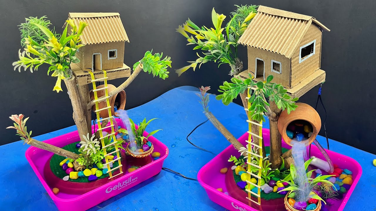 Awesome & Beautiful Tree House | Amazing Indoor Waterfall|Making ...
