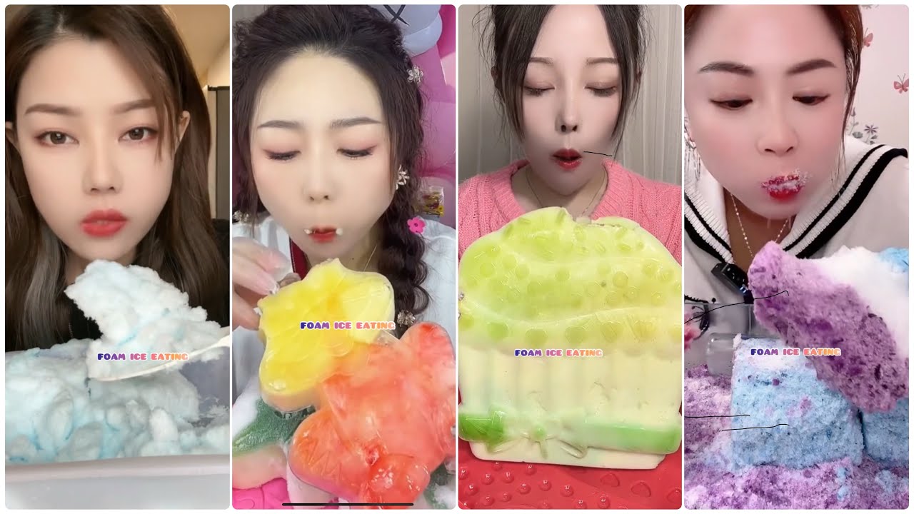 [ASMR] COLORED FOAM ICE EATING 💜 & COLORFUL CRUNCHY ICE & FLUFFY ICE ...