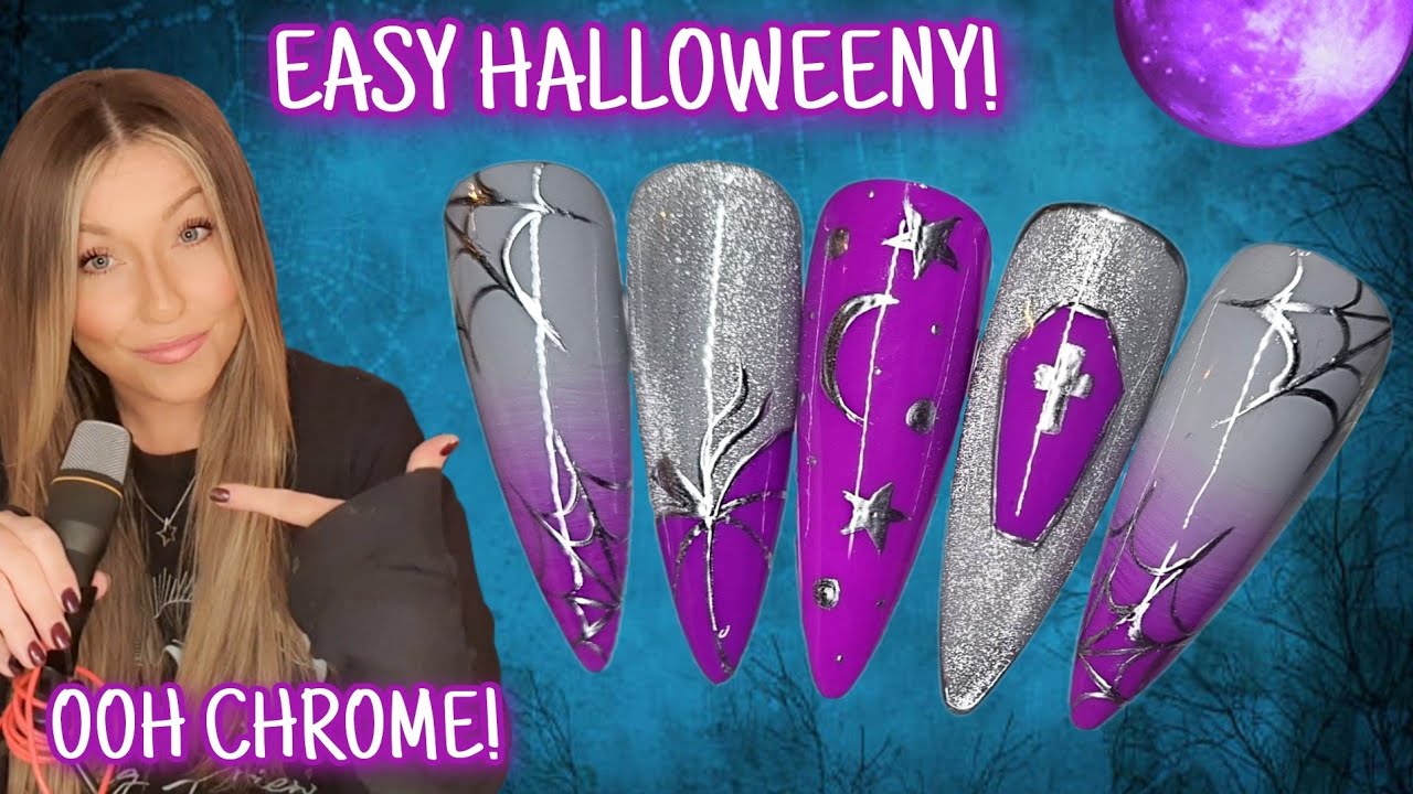 🕸 Easy Halloween Nails | Purple & silver nail art design | Coffin star ...