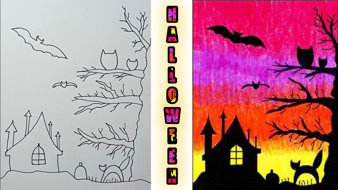 Learn How To Draw An Easy Halloween Sunset Silhouette Drawing | # ...