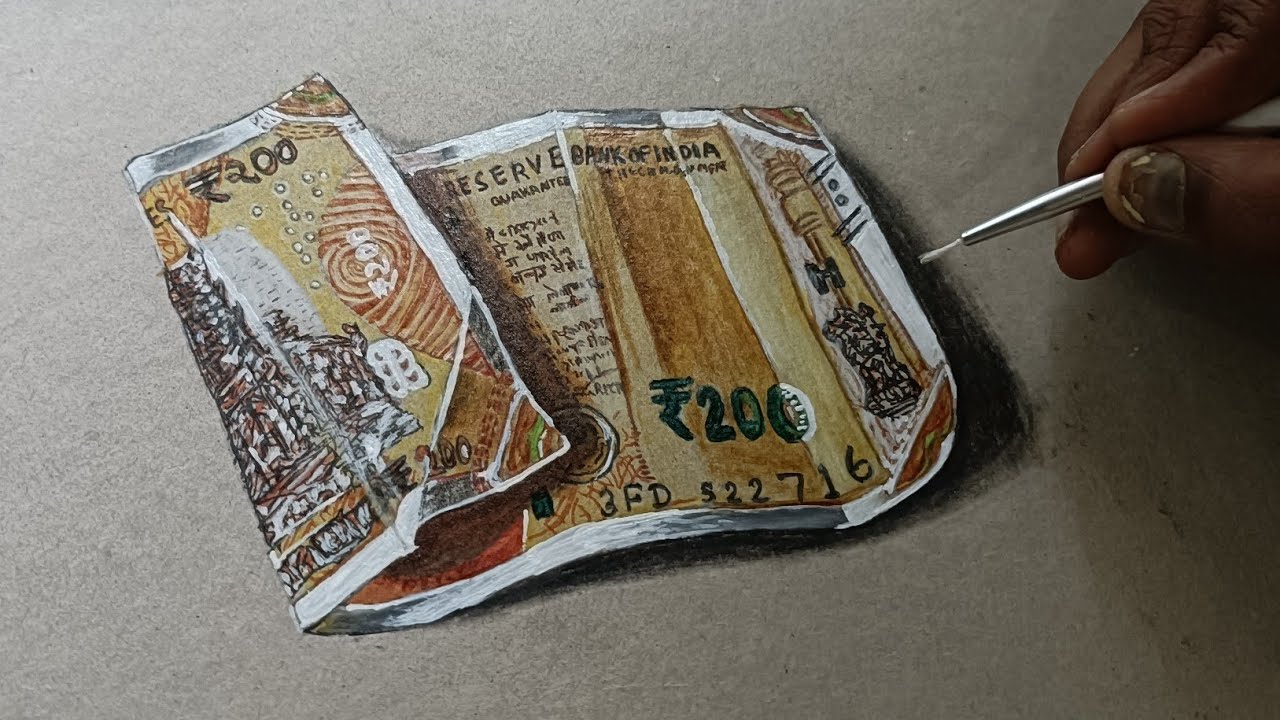 3D Drawing / Hyper Realistic ₹200 rupees note drawing / Artist Irfan ...