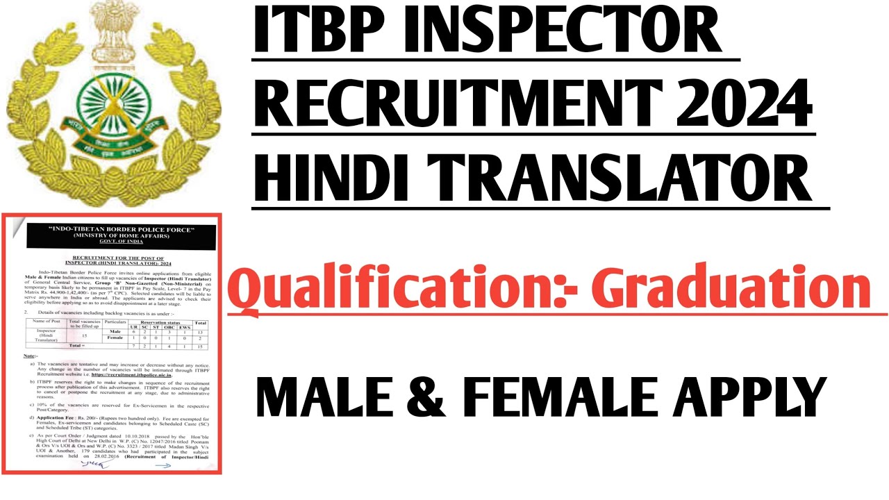 ITBP INSPECTOR HINDI TRANSLATOR RECRUITMENT 2024 | ITBP NEW VACANCY ...