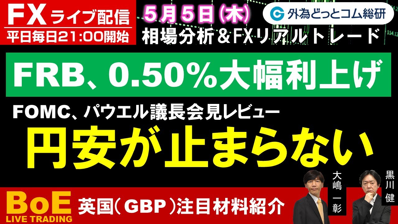FXライブ配信/為替予想【実践リアルトレード】FRBは22年ぶり0.5％大幅利上げ「FOMCパウエル議長レビュー」円安がとまらない、BoE政策金利発表「GBP注目材料紹介」（2022年5月5日 ...