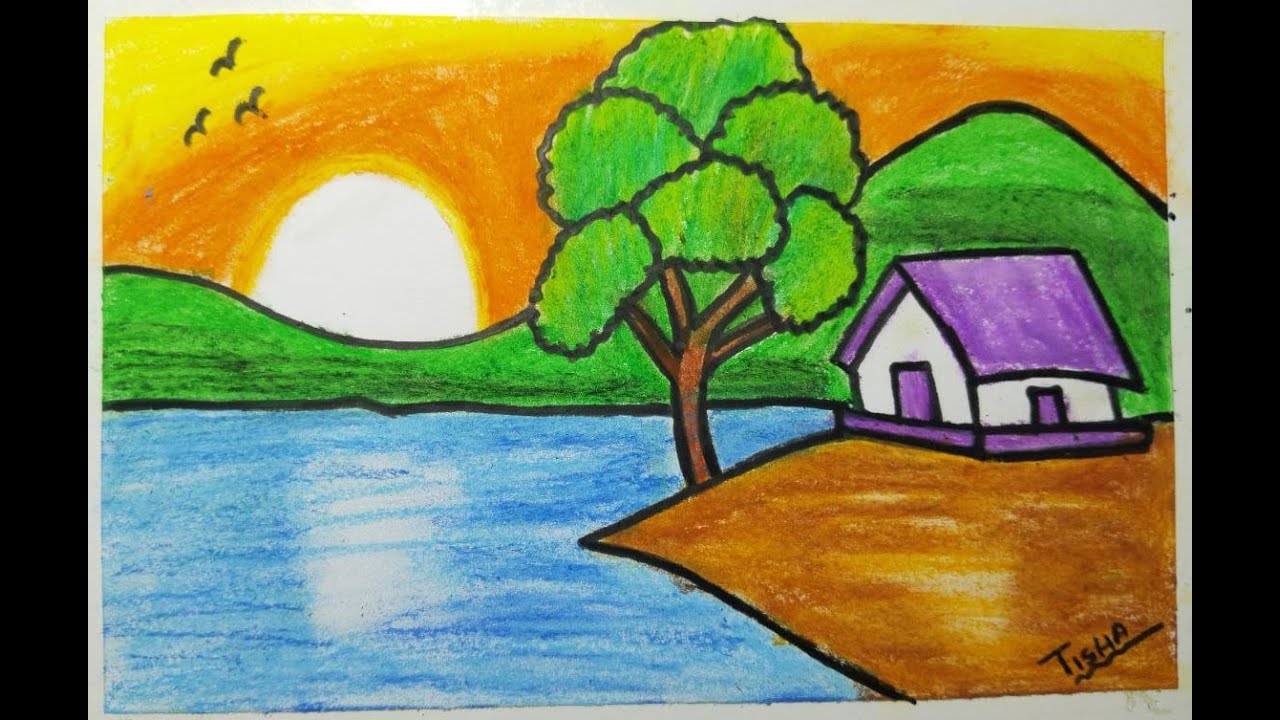 How To Draw Easy Sunset Scenery In The Lake For Beginners ...