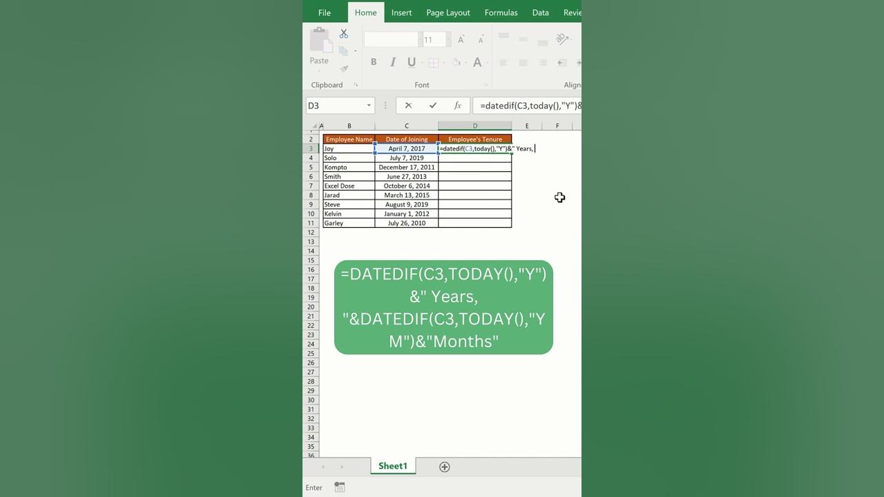 Employee Tenure In Excel Exceltricks Exceltips Exceltutorial Trending Shorts Viralshorts