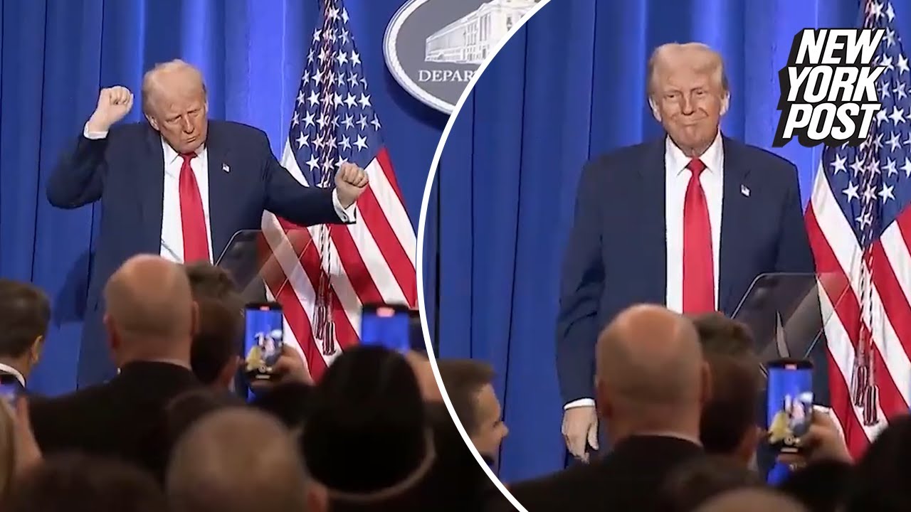 President Trump breaks out iconic dance move after DOJ speech - YouTube