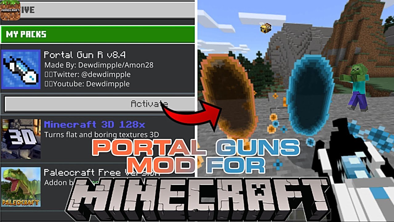 PORTAL GUNS MOD IN MINECRAFT PE || PORTAL GUNS ADDON FOR MINECRAFT PE ...