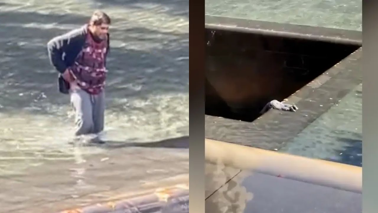 A man jumps into the 9/11 Memorial Pool, surviving a 20-ft drop - YouTube