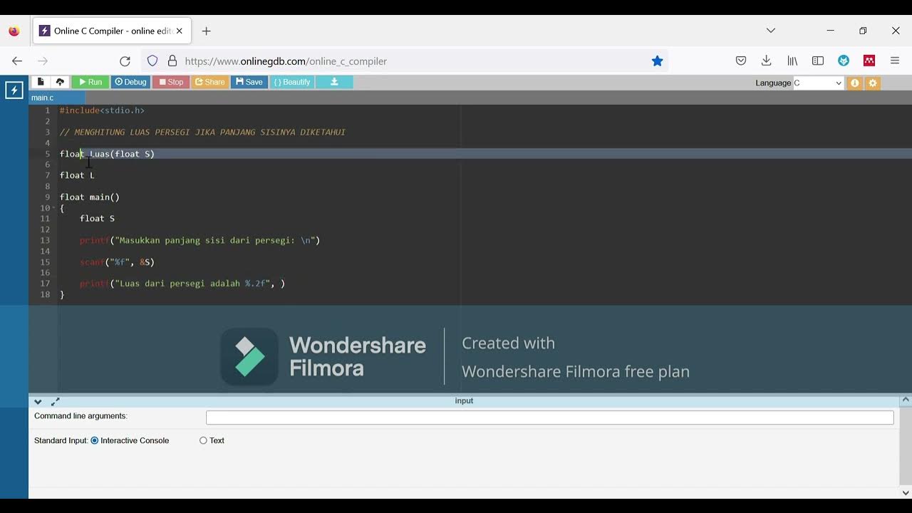 Membuat program menggunakan bahasa C untuk menghitung luas persegi jika diketahui panjang ...