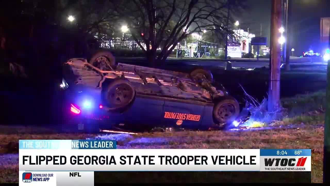 GSP Trooper hurt after car flipped into ditch - YouTube
