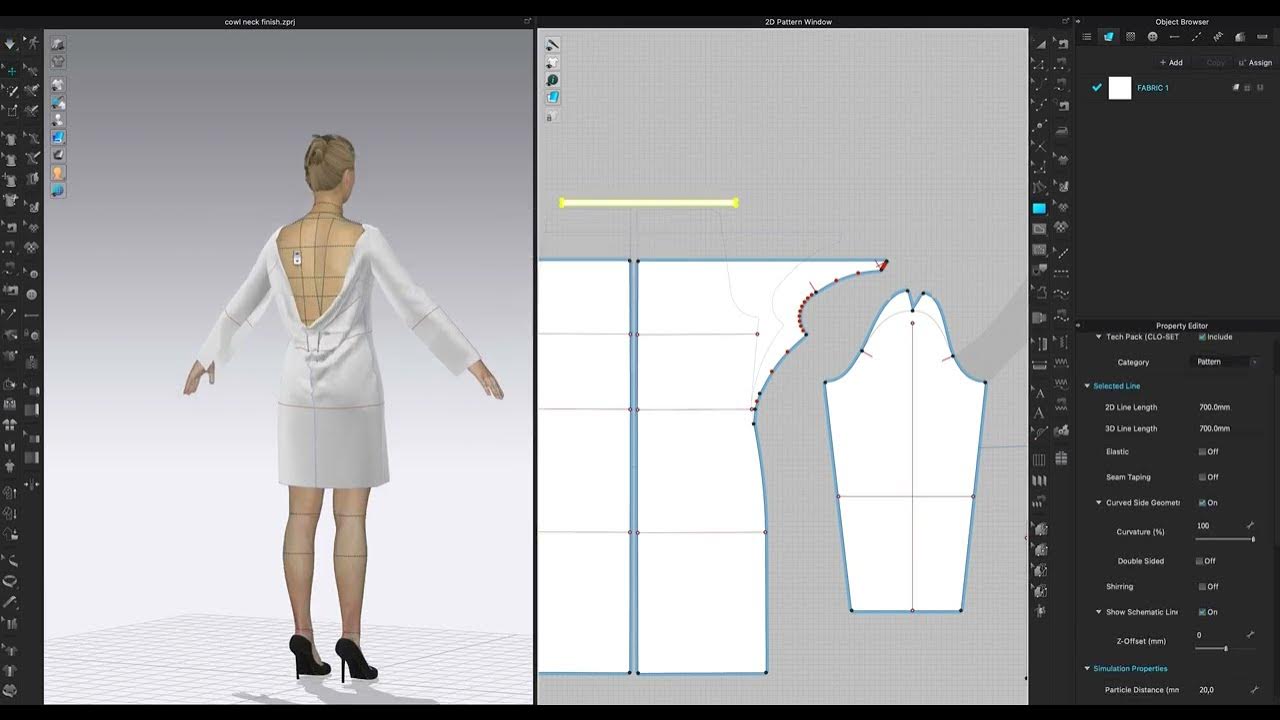 Cowl drape neck back dress pattern from basic block pattern Clo3D ...