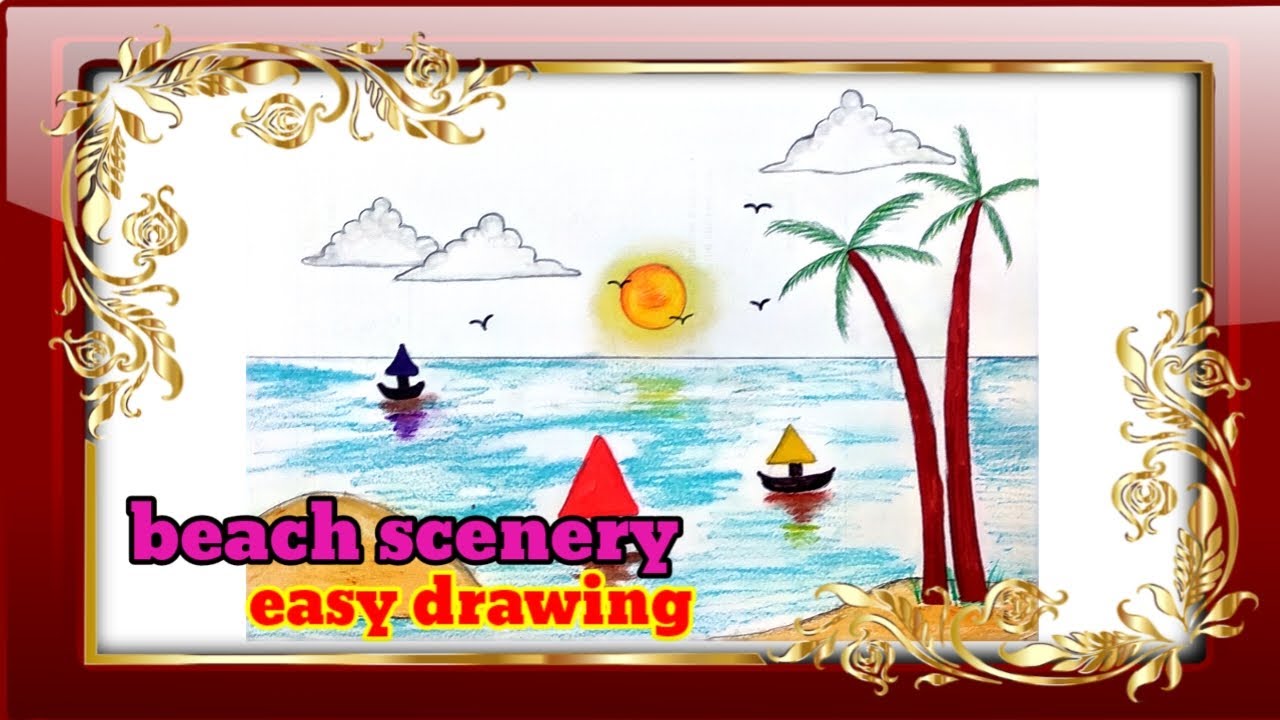 Easy beach scenery drawing| Art Gallery 14 || - YouTube