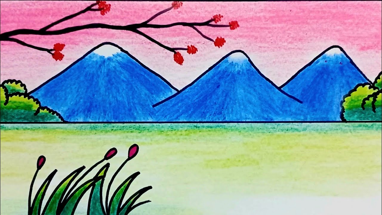 Easy Scenery Drawing | Colorful landscape to draw | Colorful drawing ...