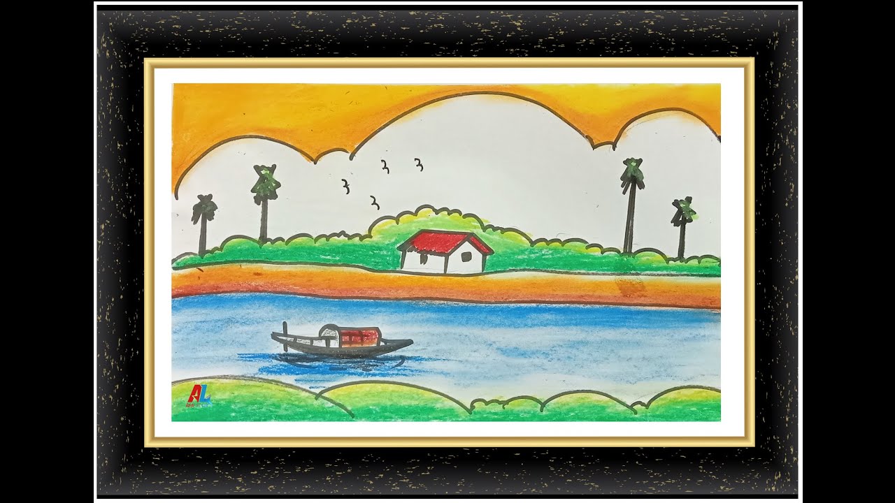 River side village scenery drawing. - YouTube