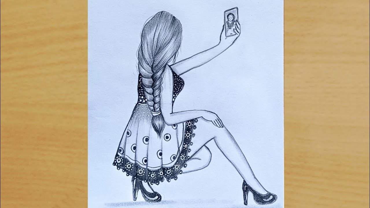 How to draw a sitting girl taking selfie / pencil sketch / easy drawing ...
