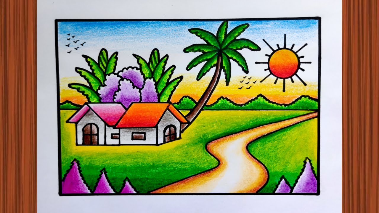 Village sunset scenery drawing // landscape scenery drawing // nature ...
