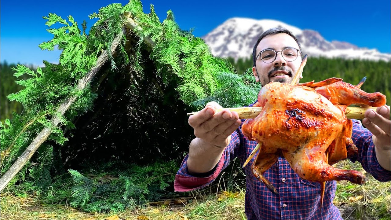 I Cooked GRILLED CHICKEN Near the Waterfall. I Made a Shelter from Tree ...