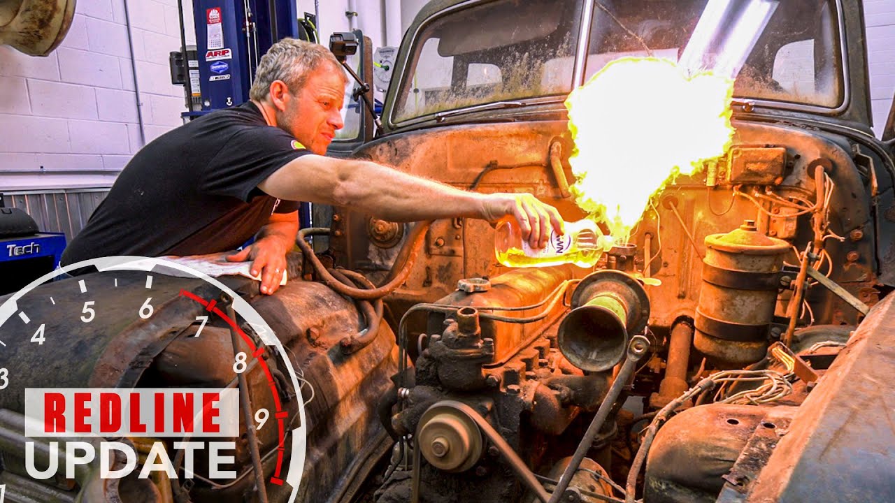 Old Chevy engine spits flames before removal from rusty project truck ...