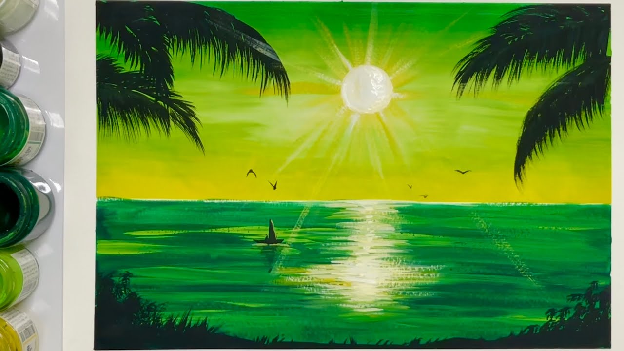 EP.61 Green Sea Scenery Painting Tutorial For Beginners | สอนวาด ...